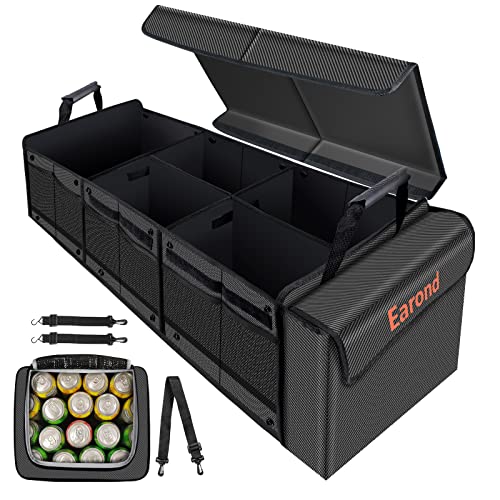 EAROND Car Trunk Organizer with Portable Leakproof Cooler Bag,Foldable Cover,Adjustable Securing Straps,Collapsible Trunk Organizer for Car,SUV,Truck and Other Vehicles(4-in-1 with Cooler)