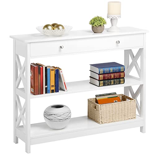 Yaheetech 3-Tier Entryway Table White Console Table with Drawer and 2 Storage Shelves, Wood Narrow Sofa Table for Entryway/Hallway/Living Room, 39.5in L x 12in W x 31.5in H