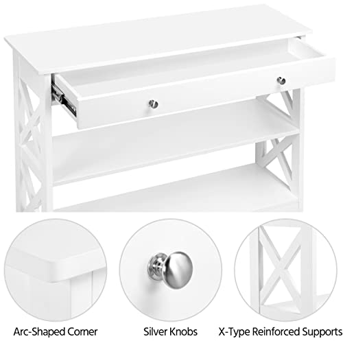 Yaheetech 3-Tier Entryway Table White Console Table with Drawer and 2 Storage Shelves, Wood Narrow Sofa Table for Entryway/Hallway/Living Room, 39.5in L x 12in W x 31.5in H