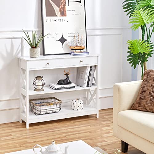 Yaheetech 3-Tier Entryway Table White Console Table with Drawer and 2 Storage Shelves, Wood Narrow Sofa Table for Entryway/Hallway/Living Room, 39.5in L x 12in W x 31.5in H