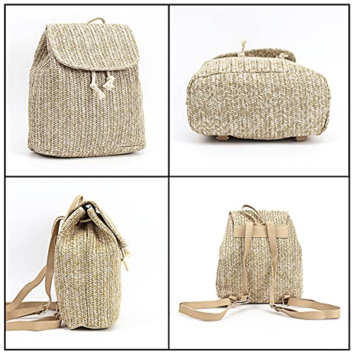 Felice Ann Women Medium Straw Woven Backpack Flap Drawstring Daypack