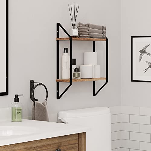 Wallniture Ponza 2-Tier Floating Shelf for Bathroom Organization and Storage Natural Burned Rustic Wood Wall Decor with Metal Brackets