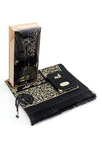 ihvan online Taffeta Fabric Muslim Prayer Rug & Velvet Covered Yaseen Surah Pocket-Size Book & Crystal Prayer Beads Set with Kraft Boxed, Perfect Islamic Ramadan Eid Gifts, Black