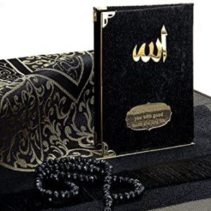 ihvan online Taffeta Fabric Muslim Prayer Rug & Velvet Covered Yaseen Surah Pocket-Size Book & Crystal Prayer Beads Set with Kraft Boxed, Perfect Islamic Ramadan Eid Gifts, Black