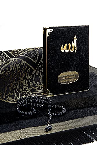 ihvan online Taffeta Fabric Muslim Prayer Rug & Velvet Covered Yaseen Surah Pocket-Size Book & Crystal Prayer Beads Set with Kraft Boxed, Perfect Islamic Ramadan Eid Gifts, Black