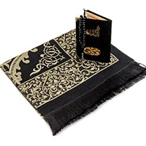 ihvan online Taffeta Fabric Muslim Prayer Rug & Velvet Covered Yaseen Surah Pocket-Size Book & Crystal Prayer Beads Set with Kraft Boxed, Perfect Islamic Ramadan Eid Gifts, Black