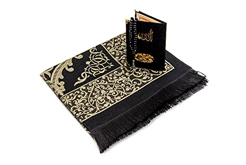 ihvan online Taffeta Fabric Muslim Prayer Rug & Velvet Covered Yaseen Surah Pocket-Size Book & Crystal Prayer Beads Set with Kraft Boxed, Perfect Islamic Ramadan Eid Gifts, Black