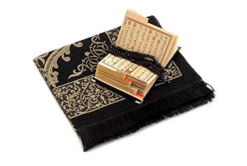 ihvan online Taffeta Fabric Muslim Prayer Rug & Velvet Covered Yaseen Surah Pocket-Size Book & Crystal Prayer Beads Set with Kraft Boxed, Perfect Islamic Ramadan Eid Gifts, Black