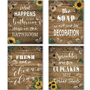 iiiluyot funny bathroom signs decor art prints, humor bathroom decor sign rustic farmhouse vintage sunflower wood butterfly bathroom wall decorations set of 4 set of 4 (8”x10”) unframed