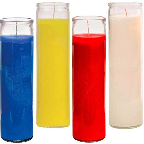 Prayer Candles - Red Yellow Blue White Wax Candle (4 Pack) Great for Sanctuary, Vigils Blessings and Prayers - Unscented Glass Jars Candle Set - Jar Candles - Bulk Colors Spiritual Religious Church