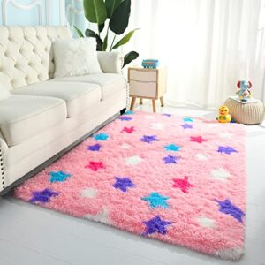 st. bridge soft shag rug for girls bedroom, fluffy bedroom carpet for princess castle baby toddlers kids room decor, anti-skid fuzzy cute nursery mats living room dorm plush carpet, pink 4 x 6 feet