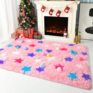 ST. BRIDGE Soft Shag Rug for Girls Bedroom, Fluffy Bedroom Carpet for Princess Castle Baby Toddlers Kids Room Decor, Anti-Skid Fuzzy Cute Nursery Mats Living Room Dorm Plush Carpet, Pink 4 x 6 Feet