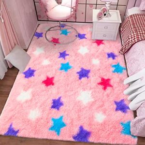 ST. BRIDGE Soft Shag Rug for Girls Bedroom, Fluffy Bedroom Carpet for Princess Castle Baby Toddlers Kids Room Decor, Anti-Skid Fuzzy Cute Nursery Mats Living Room Dorm Plush Carpet, Pink 4 x 6 Feet