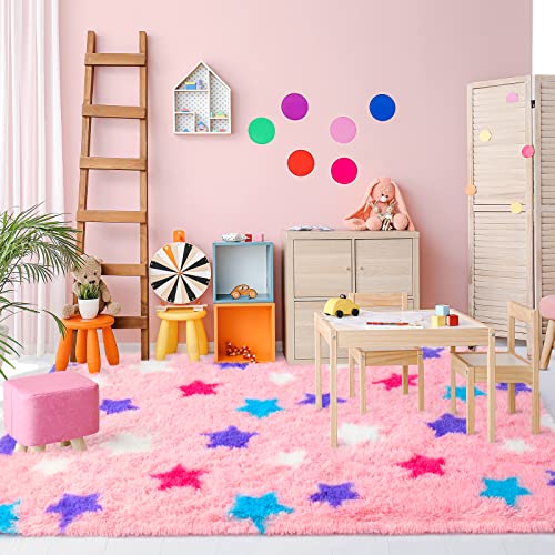 ST. BRIDGE Soft Shag Rug for Girls Bedroom, Fluffy Bedroom Carpet for Princess Castle Baby Toddlers Kids Room Decor, Anti-Skid Fuzzy Cute Nursery Mats Living Room Dorm Plush Carpet, Pink 4 x 6 Feet