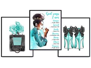 inspirational african american women bible verses – black art – religious christian scripture positive encouragement gifts – light blue motivational glam designer fashion wall decor poster for girls