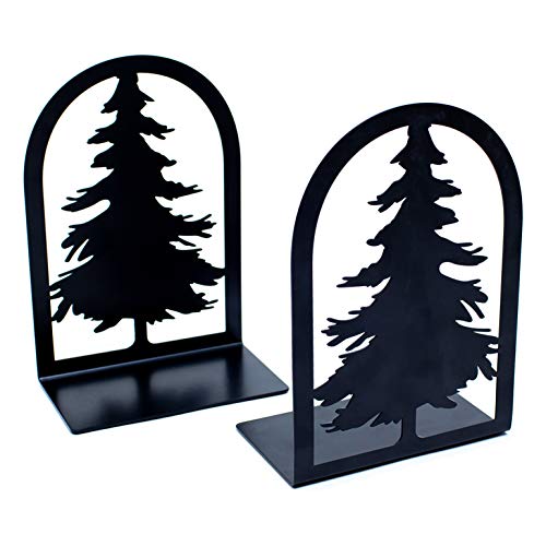 Hômbase Decorative Bookends for Heavy Books, Paperbacks, Hardcovers, Encyclopedias, Cookbooks - 2X Beautiful Spruce Tree Heavy Duty Anti-Slip Metal Book Stoppers for Bookcase Bookshelves (Black)