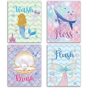 faljiok mermaid decor, mermaid bathroom wall art decors, ocean wash brush floss flush kids girls bathroom under the sea rules wall signs, set of 4(8”x10”) unframed