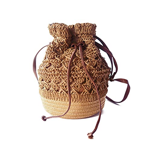 N/C Handwoven Rattan vintage purse Bag Bucket bag Natural Chic Casual Handbag Beach Sea tote Basket Straw shoulder Bag (Light Brown)