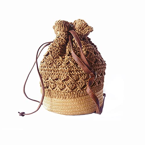 N/C Handwoven Rattan vintage purse Bag Bucket bag Natural Chic Casual Handbag Beach Sea tote Basket Straw shoulder Bag (Light Brown)