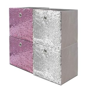 kids foldable storage bins[4-pack], decorative square storage box set, collapsible storage cubs with flip sequins, organizer basket for toys, gifts,home, nersury (11″x10.5″x10.5″,pink/silver) (4)