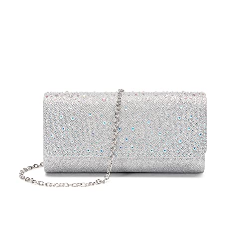 Leanoria Crystal Evening Clutch Silver Purse Chain Shoulder Crossbody Bag Bling Rhinestone Purse for Bride (Silver)