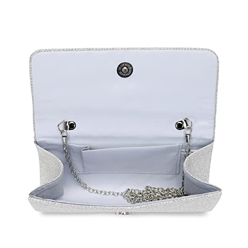 Leanoria Crystal Evening Clutch Silver Purse Chain Shoulder Crossbody Bag Bling Rhinestone Purse for Bride (Silver)