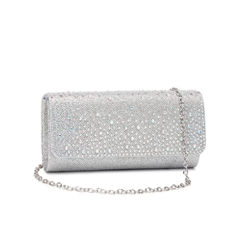 Leanoria Crystal Evening Clutch Silver Purse Chain Shoulder Crossbody Bag Bling Rhinestone Purse for Bride (Silver)