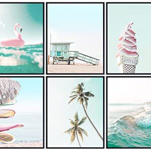 Tropical Summer Wall Art Set - 8x10 Nautical Ocean Poster Prints for Beach House Decor, Home Decoration - Cool Chic Gift - Unframed Nautical Photo Pictures - Flamingo, Palm Tree, Wave, Water