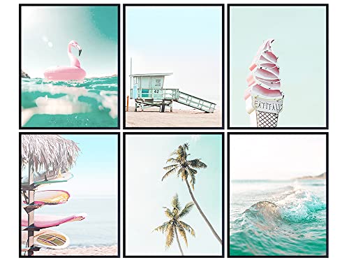 Tropical Summer Wall Art Set - 8x10 Nautical Ocean Poster Prints for Beach House Decor, Home Decoration - Cool Chic Gift - Unframed Nautical Photo Pictures - Flamingo, Palm Tree, Wave, Water