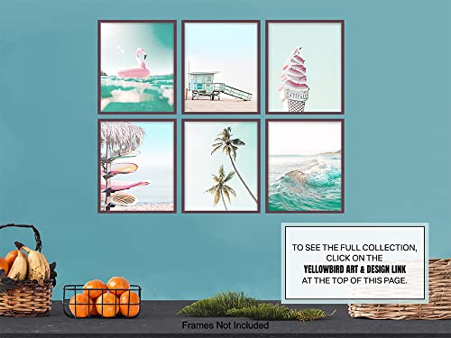 Tropical Summer Wall Art Set - 8x10 Nautical Ocean Poster Prints for Beach House Decor, Home Decoration - Cool Chic Gift - Unframed Nautical Photo Pictures - Flamingo, Palm Tree, Wave, Water