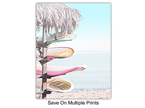 Tropical Summer Wall Art Set - 8x10 Nautical Ocean Poster Prints for Beach House Decor, Home Decoration - Cool Chic Gift - Unframed Nautical Photo Pictures - Flamingo, Palm Tree, Wave, Water