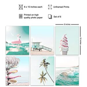 Tropical Summer Wall Art Set - 8x10 Nautical Ocean Poster Prints for Beach House Decor, Home Decoration - Cool Chic Gift - Unframed Nautical Photo Pictures - Flamingo, Palm Tree, Wave, Water