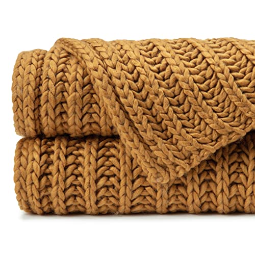 Chanasya Chunky Knit Fluffy Gold Yellow Throw Blanket - Contemporary Textured Super Soft Warm Cozy Plush Lightweight Acrylic Knitted Blanket for Couch Bed Sofa Chair Cover Living Bed Room - Golden