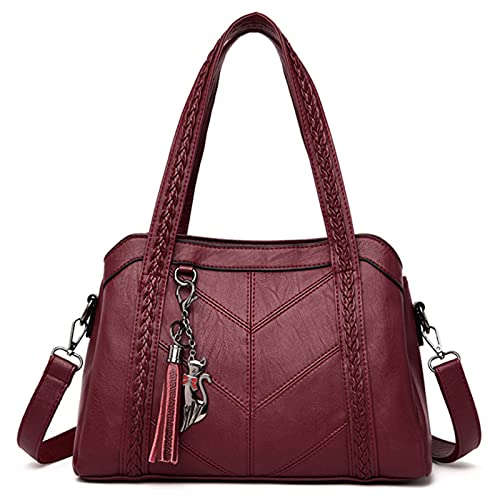 FiveloveTwo Women Purse and Handbags Fashion Tote PU Stiching Top Handle Satchel Shoulder Bag with Ornaments Burgundy