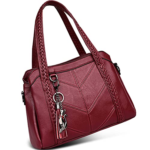 FiveloveTwo Women Purse and Handbags Fashion Tote PU Stiching Top Handle Satchel Shoulder Bag with Ornaments Burgundy