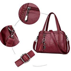 FiveloveTwo Women Purse and Handbags Fashion Tote PU Stiching Top Handle Satchel Shoulder Bag with Ornaments Burgundy