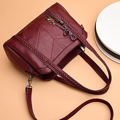 FiveloveTwo Women Purse and Handbags Fashion Tote PU Stiching Top Handle Satchel Shoulder Bag with Ornaments Burgundy