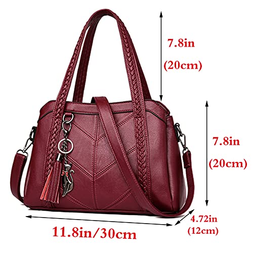 FiveloveTwo Women Purse and Handbags Fashion Tote PU Stiching Top Handle Satchel Shoulder Bag with Ornaments Burgundy