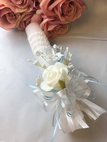 OOKi- Baptism Candle Flowers Crystals Cross lace and Ribbon Favor,Christening,Blessing Day,Communion Candle,Christening Ceremony Candle (Blue)