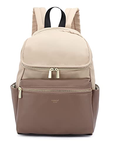 Kah&Kee Backpack for Women Fashion Waterproof School Bag Multiple Compartments 10 Pockets Fake-Leather Nylon Stitching (Light Beige/Beige)