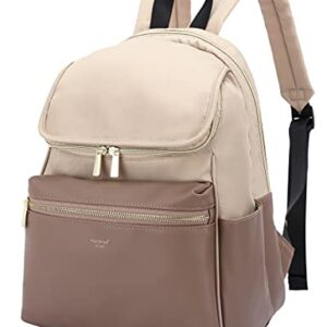 Kah&Kee Backpack for Women Fashion Waterproof School Bag Multiple Compartments 10 Pockets Fake-Leather Nylon Stitching (Light Beige/Beige)