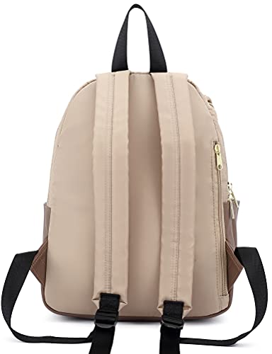 Kah&Kee Backpack for Women Fashion Waterproof School Bag Multiple Compartments 10 Pockets Fake-Leather Nylon Stitching (Light Beige/Beige)