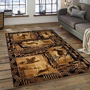 champion rugs rustic country theme wildlife nature moose deer elk birds lodge cabin modern geometric area rug carpet (5’ 3” x 7’ 5”)