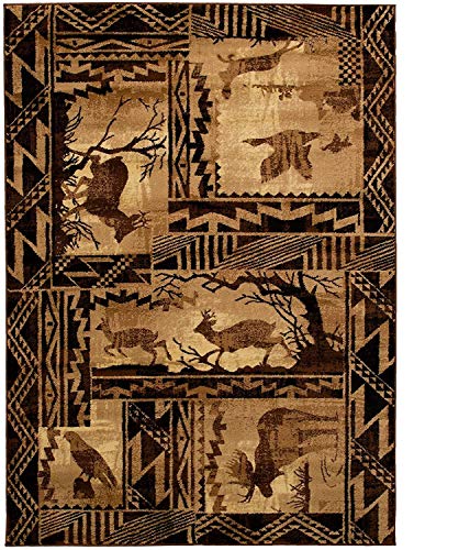 Champion Rugs Rustic Country Theme Wildlife Nature Moose Deer Elk Birds Lodge Cabin Modern Geometric Area Rug Carpet (5’ 3” X 7’ 5”)