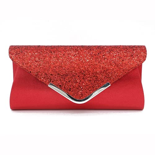 Elegant Faux Leather PU & Glitter Women Evening Purses Party Dinner Clutch Handbags (Red)