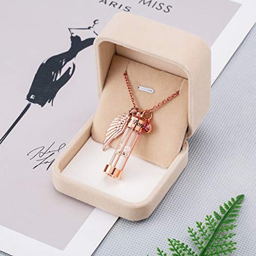 PREKIAR Cremation Urn Necklace for Ashes Timeless Hourglass Memorial Pendant Keepsake Jewelry for Human Pet Ashes with 12 Birthstone Angel Wing (Rose Gold Hourglass)