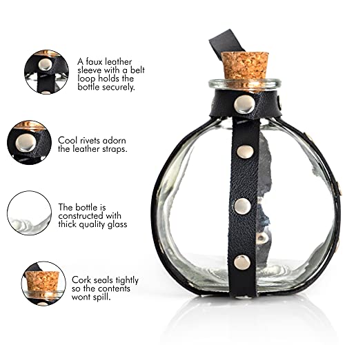 Skeleteen Dark Magic Potion Bottle - Black Wizard Potions Glass Holder with Cork Stopper and Faux Leather Harness with Holster Loop