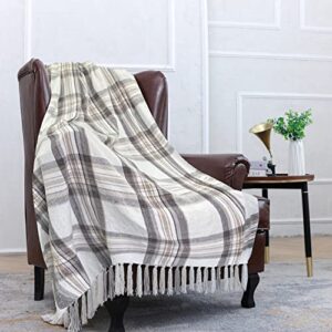 Taupe Grey and White Plaid Decor Tartan Blanket, Lightweight Soft Chenille Striped Knitted Rustic Farmhouse Throw with Tassels for Couch Sofa Chair Bed Office Home, 50" x 60"