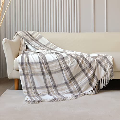 Taupe Grey and White Plaid Decor Tartan Blanket, Lightweight Soft Chenille Striped Knitted Rustic Farmhouse Throw with Tassels for Couch Sofa Chair Bed Office Home, 50" x 60"