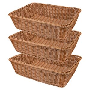 yarlung 3 pack imitation rattan woven bread baskets, 11.8 inch poly wicker fruit baskets for food serving, display, vegetables, home kitchen, restaurant, outdoor, brown rectangular